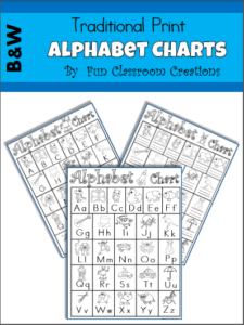 Alphabet Charts - Black and White, Traditional Print - Made By Teachers