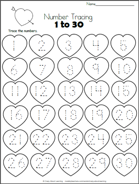 Valentine Hearts Math Worksheet - Trace 1 to 30 | Made By Teachers