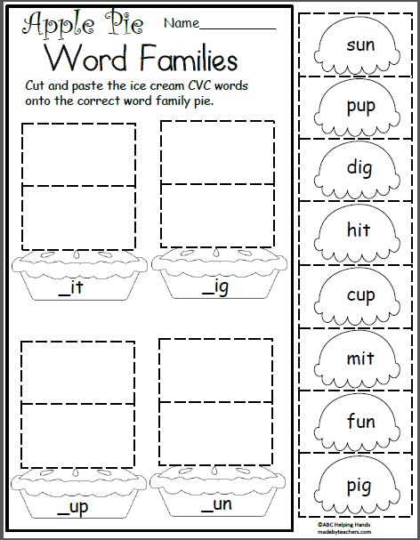 Free Kindergarten Worksheets For Language Arts Word Families Made 