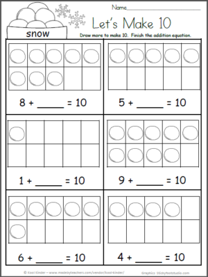 Free Kindergarten Math Worksheets for Winter - Snowball 10 Frames ...