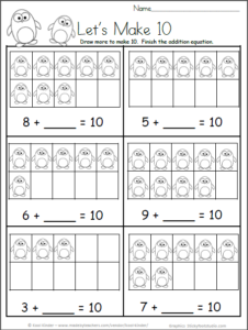Free Winter Kindergarten Math Worksheets - Make 10 Penguins | Made By ...