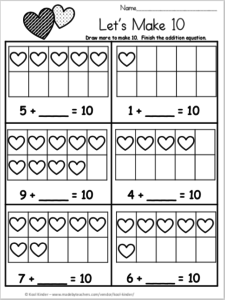 Free Kindergarten Math Addition Worksheets - Make 10 Hearts | Made By ...