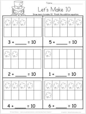 Free Kindergarten Math Worksheets for St. Patrick's Day - Make 10 ...