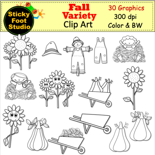 Fall Clip Art Variety Set - 30 Graphics - BW and Color - Made By Teachers