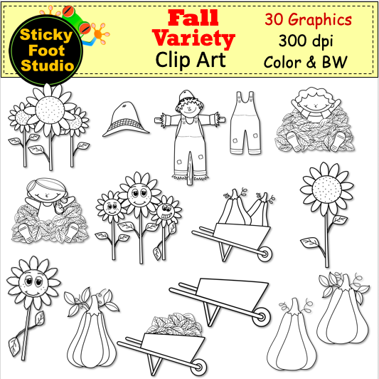Fall Clip Art Variety Set - 30 Graphics - BW and Color - Made By Teachers