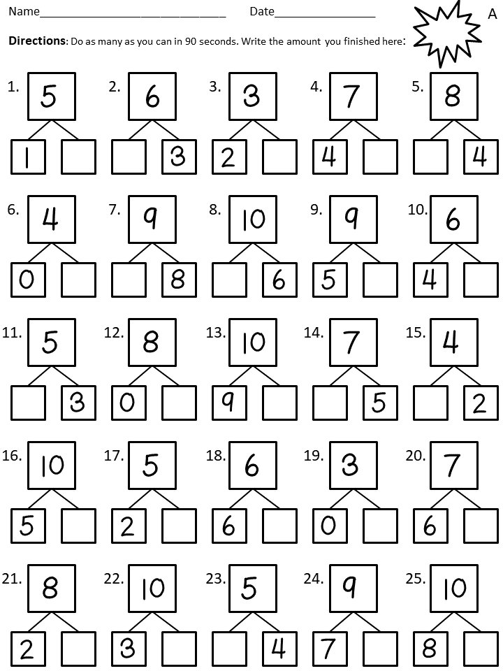 Number Bond Fluency Math Mountain Fact Family Worksheets Addition 