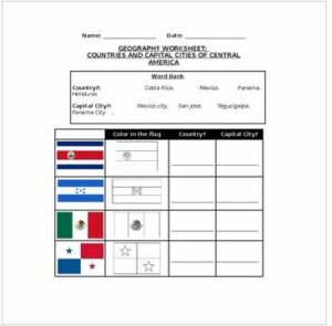 Geography Worksheet: Flags, countries and capital cities of Central ...