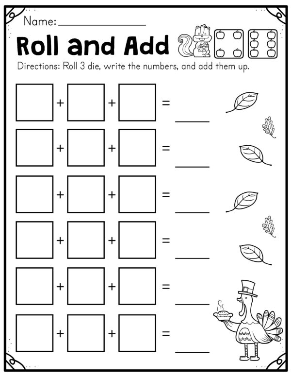 Fall Roll and Add Worksheet (First Grade) | Made By Teachers