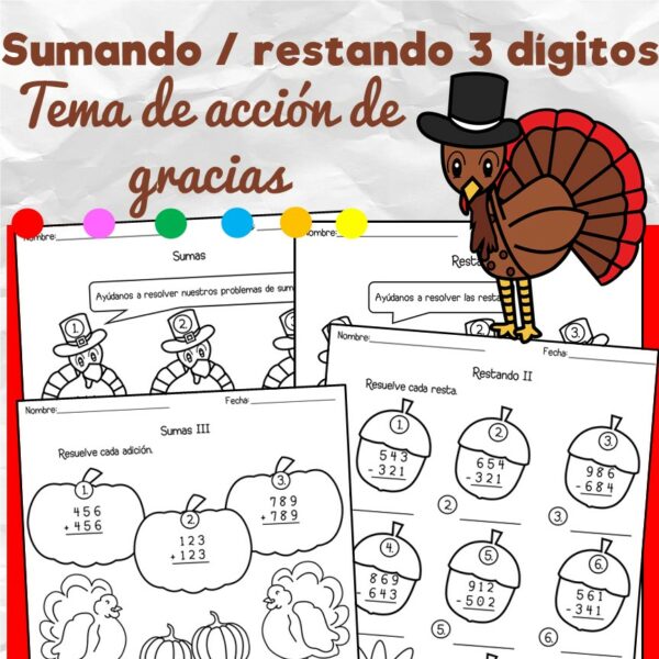 Tema de acción de gracias: Sumando y restando 3 dígitos - Made By Teachers