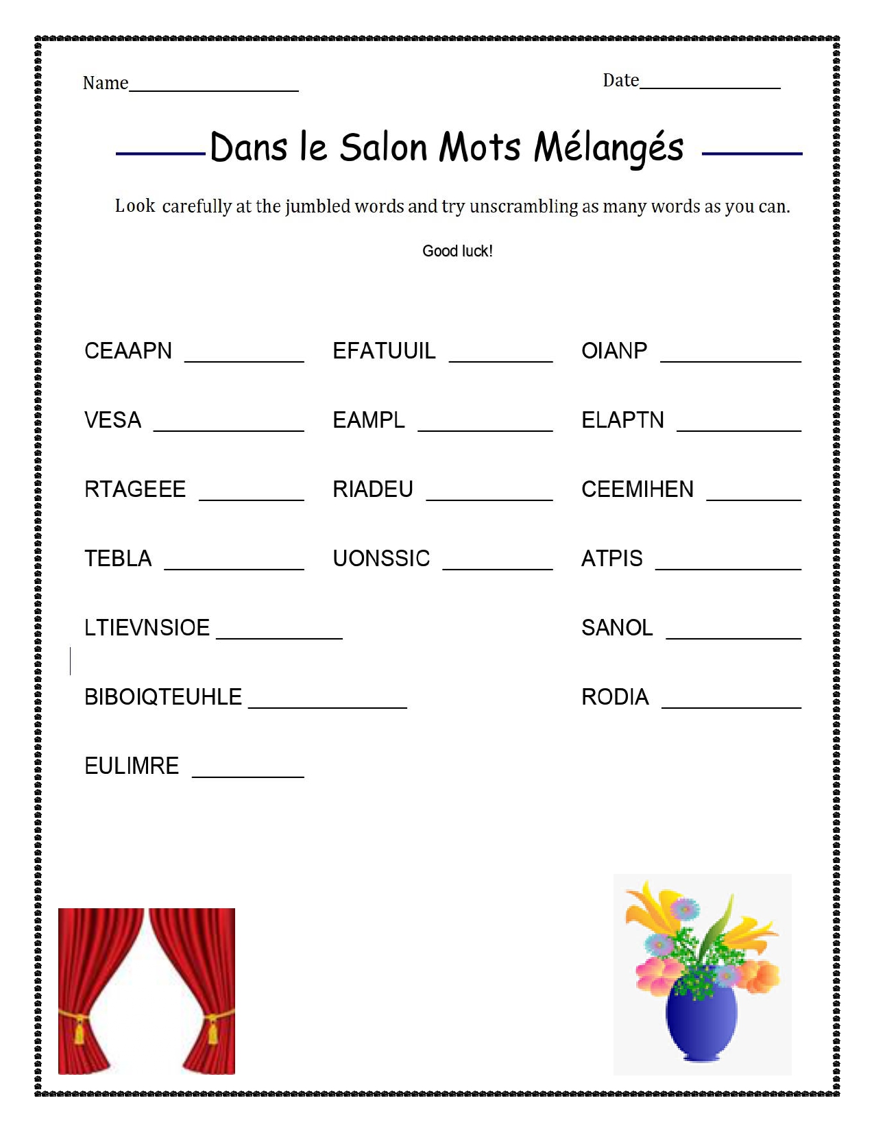 Dans le Salon (French living room) distance learning worksheet | Made ...