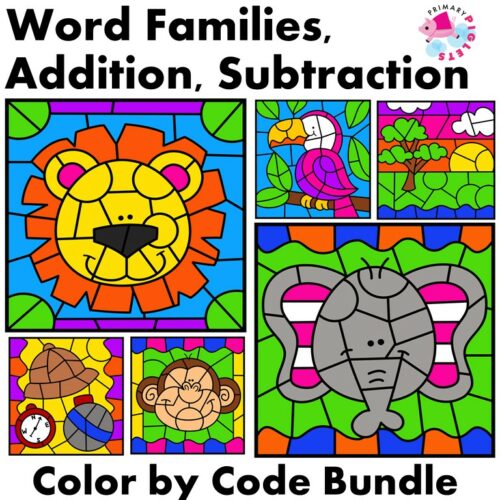 Color by Number Addition Subtraction Word Families Zoo Safari Bundle 4 ...