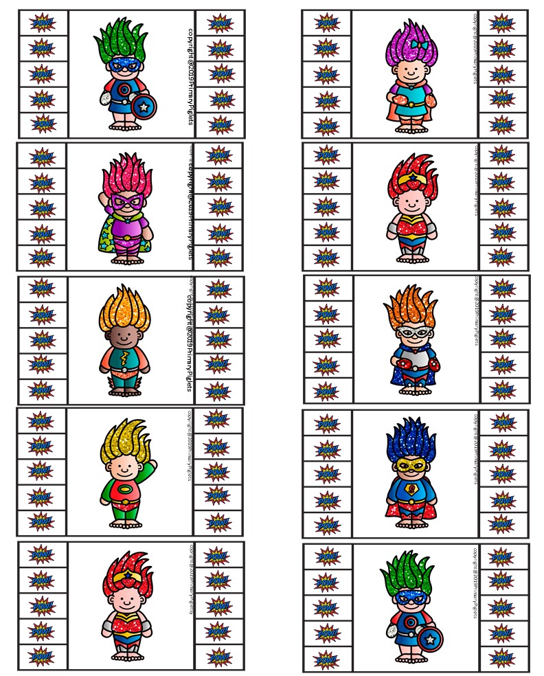Punch Cards SuperHero Trolls Small Cards | Made By Teachers