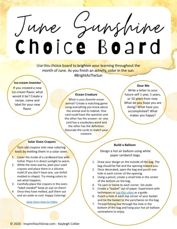 June Choice Board- Summer Learning Activities- Made By Teachers