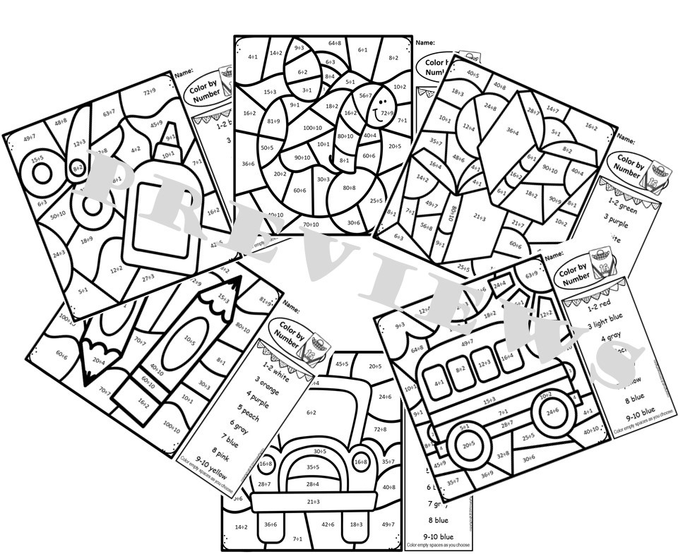 BACK TO SCHOOL COLOR BY NUMBER ADDITION SUBTRACTION MULTIPLICATION ...