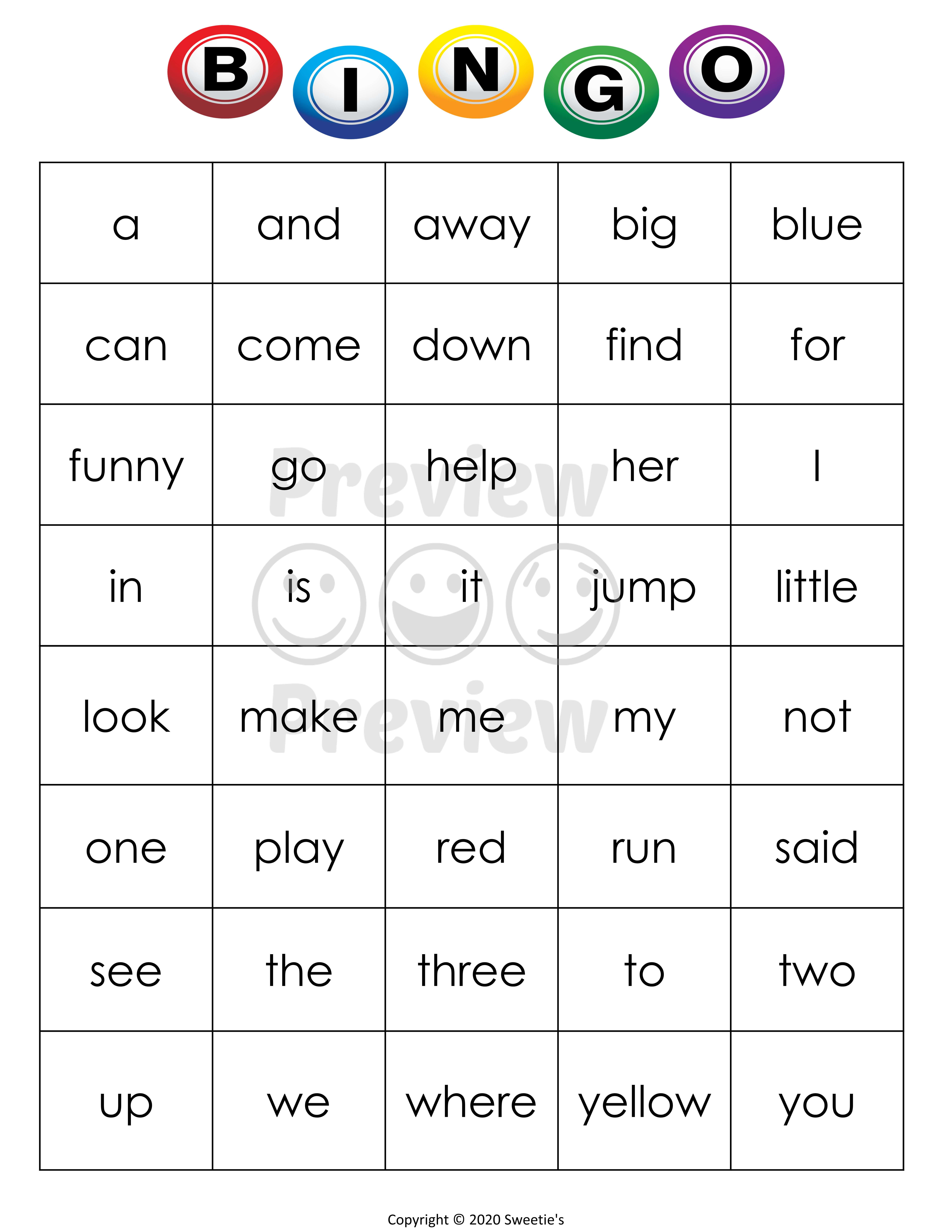 Free Printable Sight Word Bingo