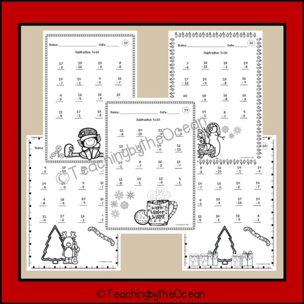 Winter / Christmas Subtraction to 20 Fact Fluency Worksheets - Made By ...
