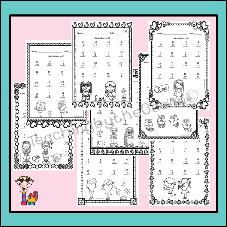 Valentine's Day Subtraction to 20 Fact Fluency Worksheets | Made By ...