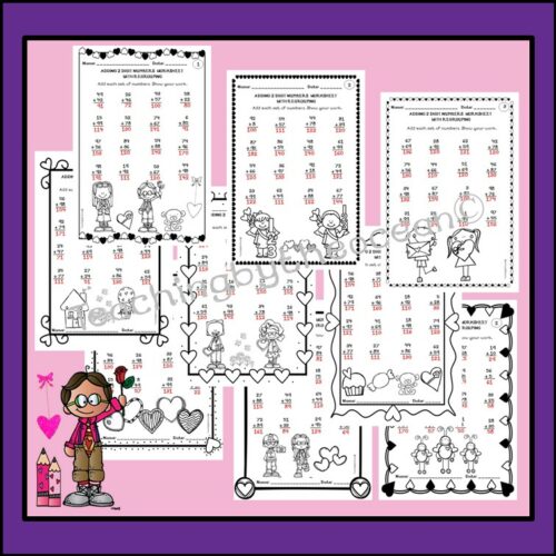 Adding 2 Digit Numbers Worksheets - Valentine's Day Themed | Made By ...