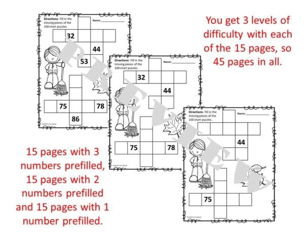 100 Chart Worksheets Fall Theme | 100 Chart Missing Numbers - Made By ...