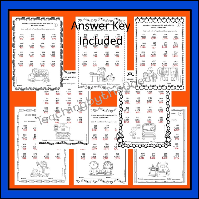 Adding 3 Digit Numbers Worksheets - Back to School Themed - Made By ...