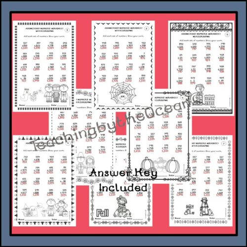 Adding 3 Digit Numbers Worksheets - Fall/Halloween/Thanksgiving Themed ...