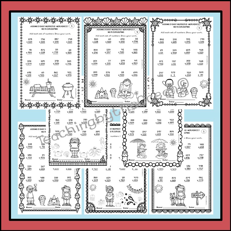 Adding 3 Digit Numbers Worksheets - Summer Themed | Made By Teachers