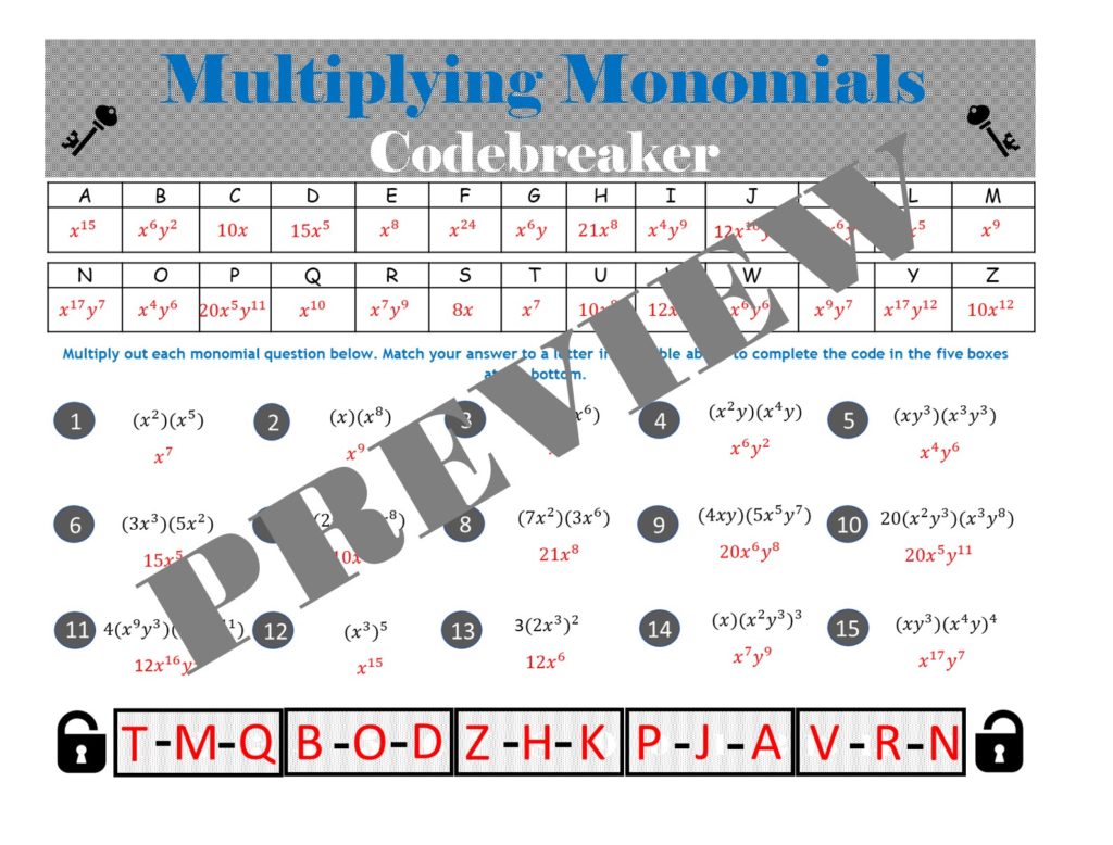 Multiplying Monomials Code-Breaker (An exponents activity) | Made By ...