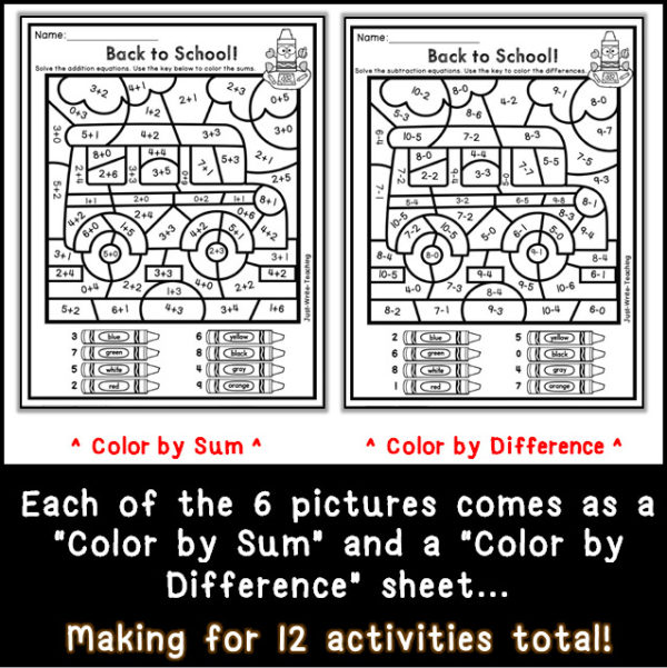 Back to School Color by Sum and Color by Difference Activity Sheets ...