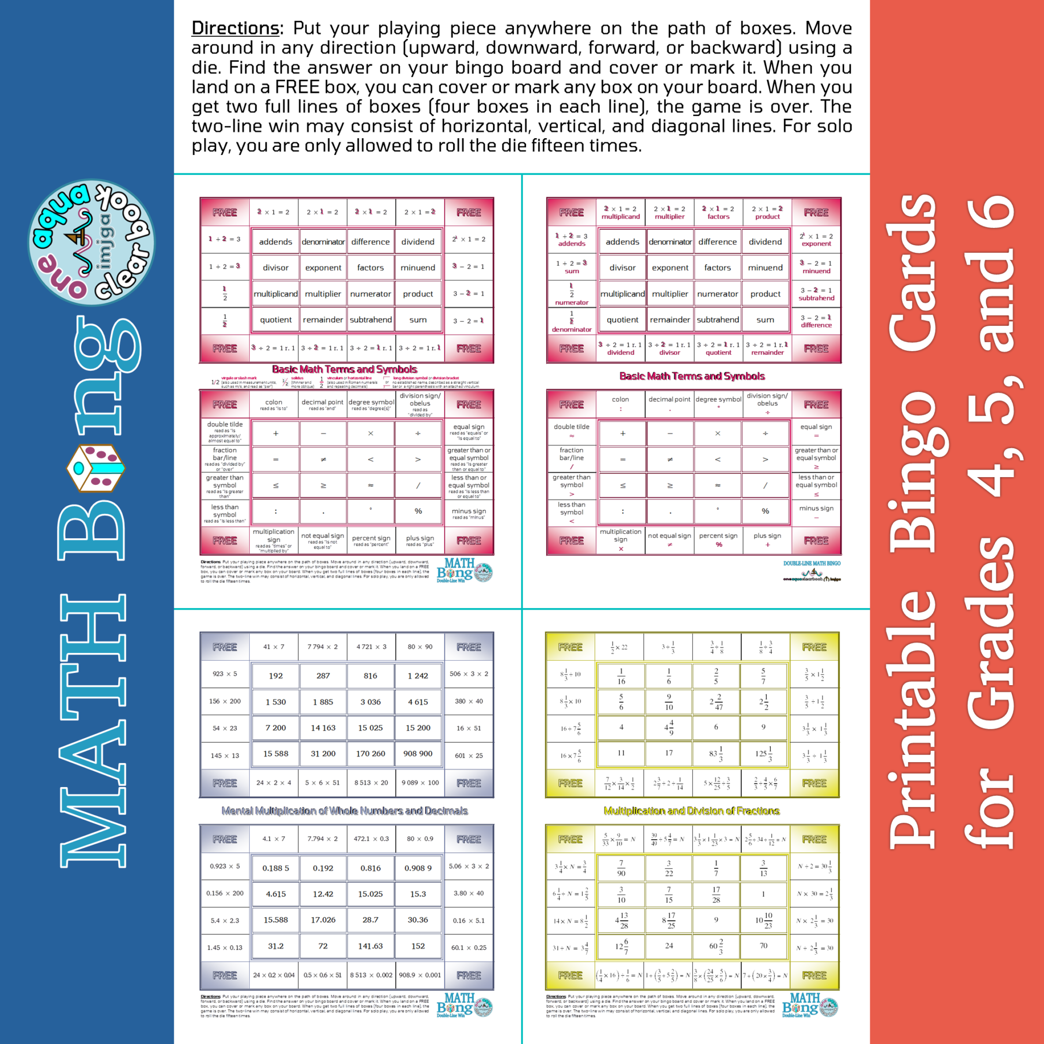 Double-Line Math Bingo for Grades 4, 5, and 6 - Made By Teachers