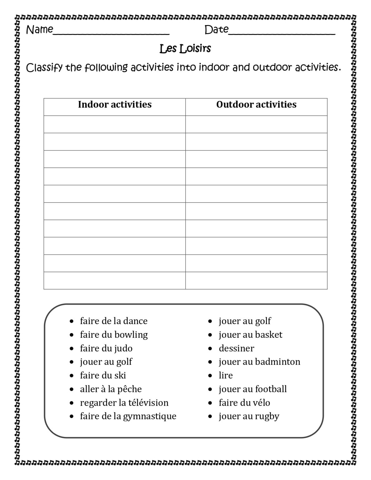 Les Loisirs (French Free-Time activities) worksheets for distance ...