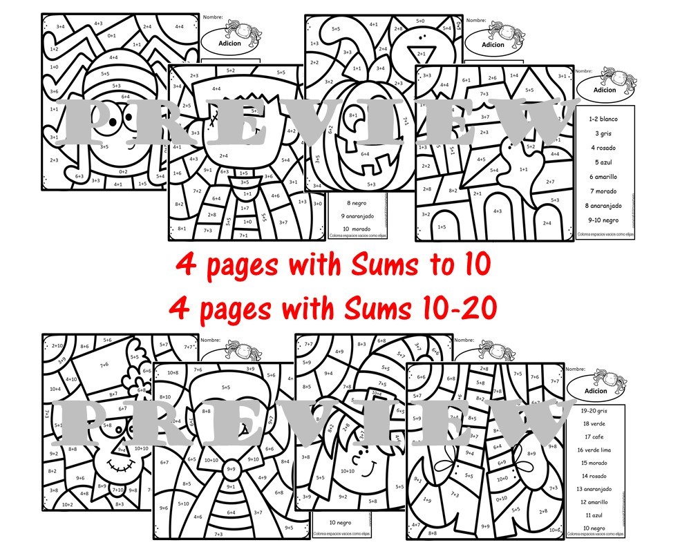 Spanish Halloween Color by Number Addition and Subtraction - Made By ...