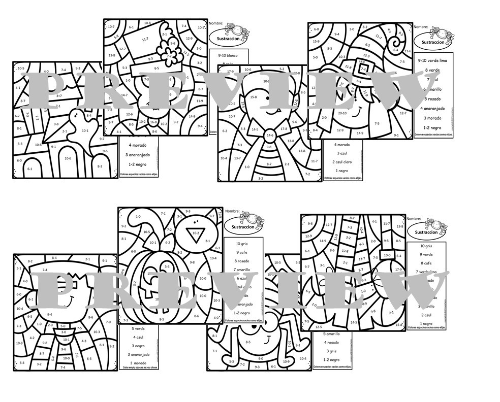 Spanish Halloween Color by Number Addition and Subtraction - Made By ...