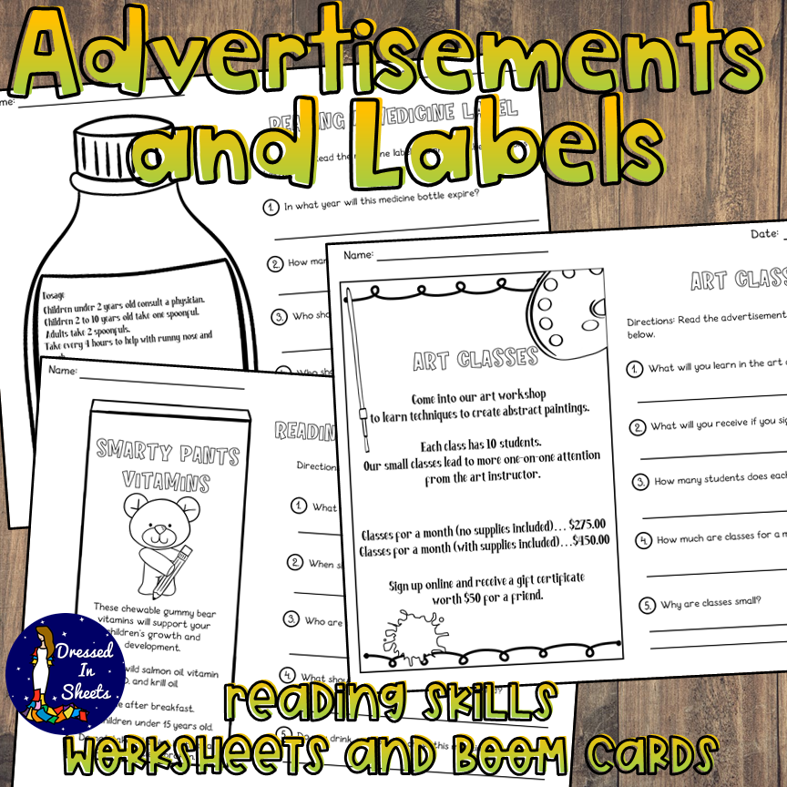 Reading Skills Advertisements and Labels Worksheets and BOOM Cards ...