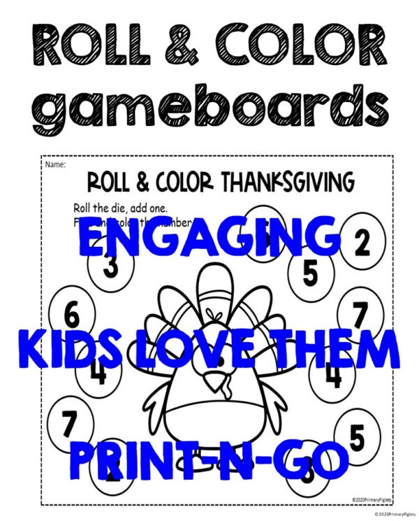 Thanksgiving Math Game Roll and Cover Color Kindergarten | Made By Teachers
