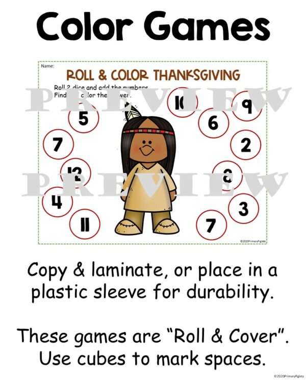 Thanksgiving Math Game Roll and Color Kindergarten - Made By Teachers
