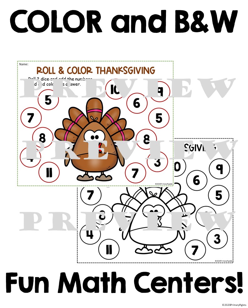 Thanksgiving Addition Games Roll and Cover Color 1st gr - Made By Teachers