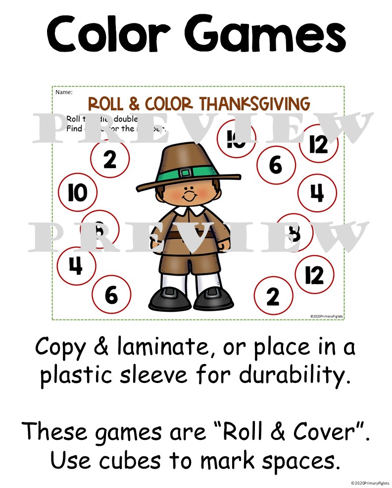 Thanksgiving Addition Games Roll and Cover Color 1st gr - Made By Teachers