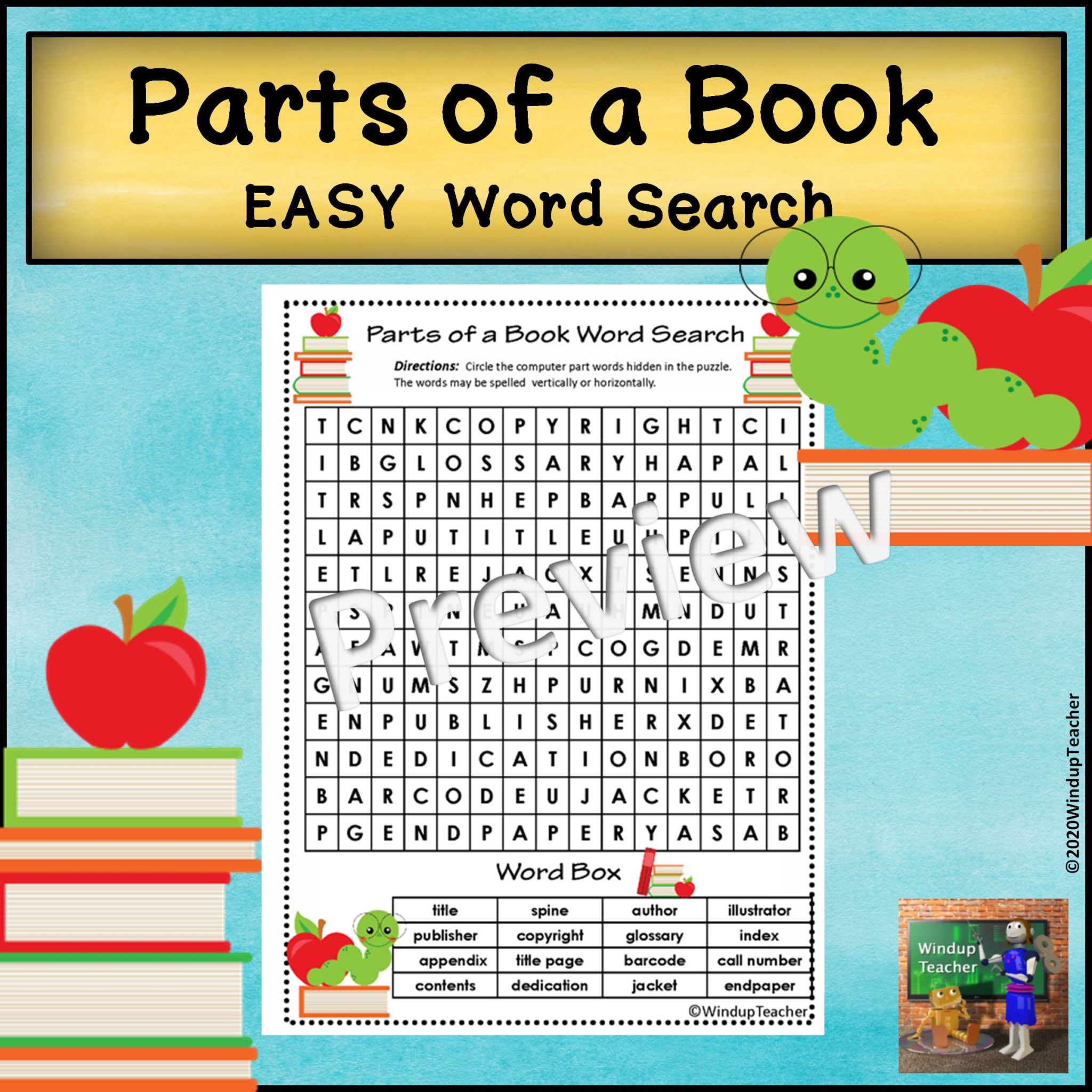 Parts of a Book Word Search | EASY Puzzle | Made By Teachers