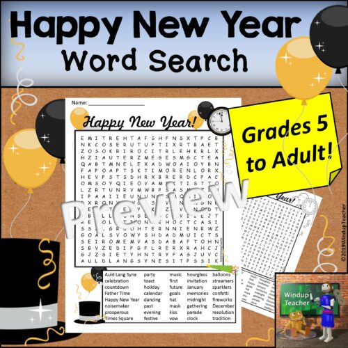 Happy New Year Word Search - Hard Grades 5&UP - Made By Teachers