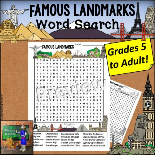 Famous Landmarks Word Search - Hard Grades 5&UP | Made By Teachers