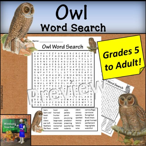 Owl Word Search - Hard for Grades 5 to Adult - Made By Teachers