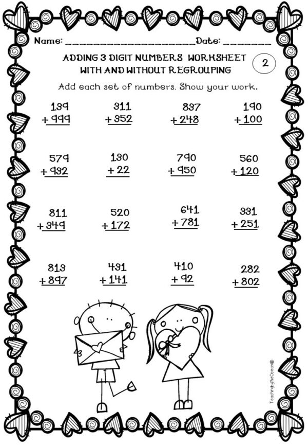 Adding 3 Digit Numbers Worksheets - Valentine's Day Themed | Made By ...