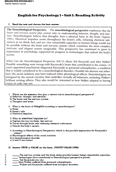 ENGLISH FOR PSYCHOLOGY I COURSE - UNIT I: READING COMPREHENSION 4 ...