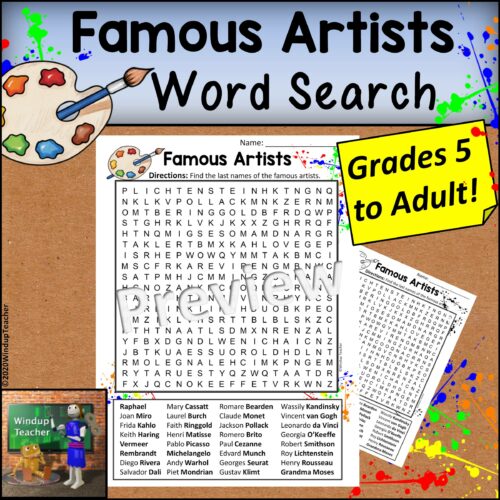 Famous Artists Word Search - Hard Grades 5 &UP | Made By Teachers