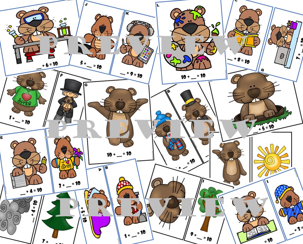 GROUNDHOG DAY MATH CENTER ADDITION TO 10 | GROUNDHOG DAY SUMS OF TEN ...