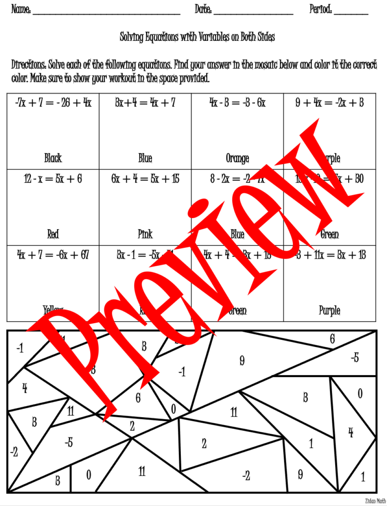 Solving Equations With Variables On Both Sides Coloring Activity TEK 8