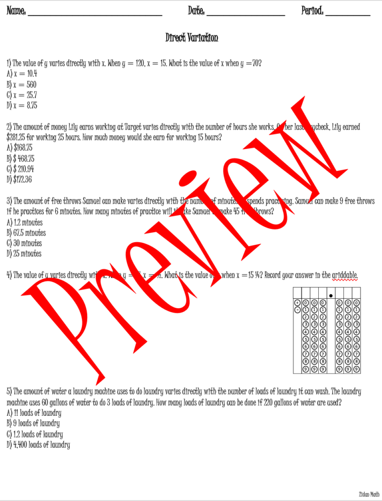 Direct Variation Worksheet (TEK 8.5E STAAR Level Questions) | Made By ...