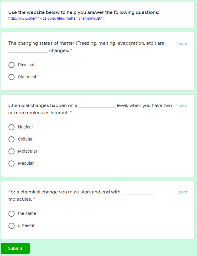 Physical and Chemical Changes WebQuest (MS-PS1) Google Form! Great sub ...