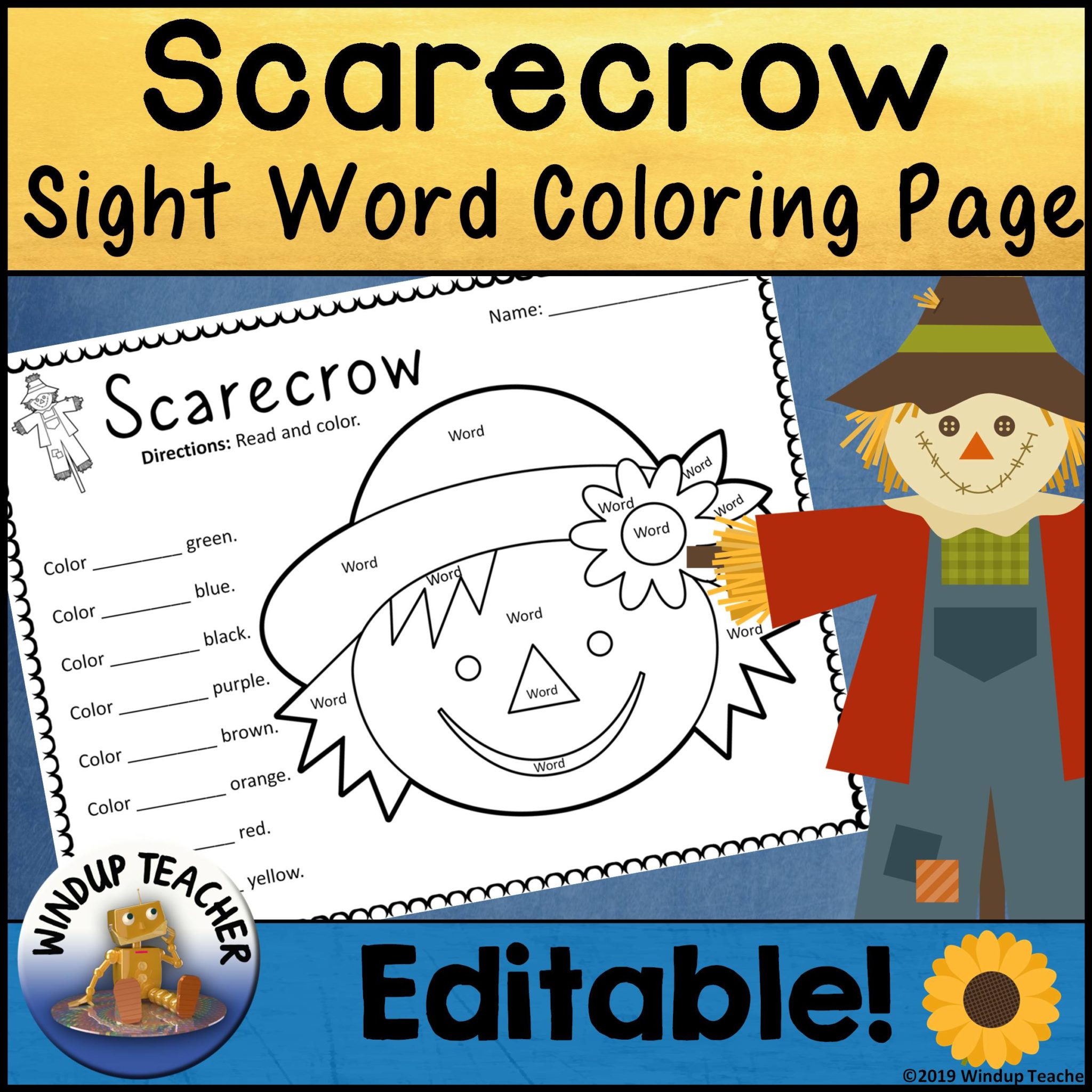 Fall Color by Sight Word Activity Sheet - Editable Scarecrow Worksheet ...