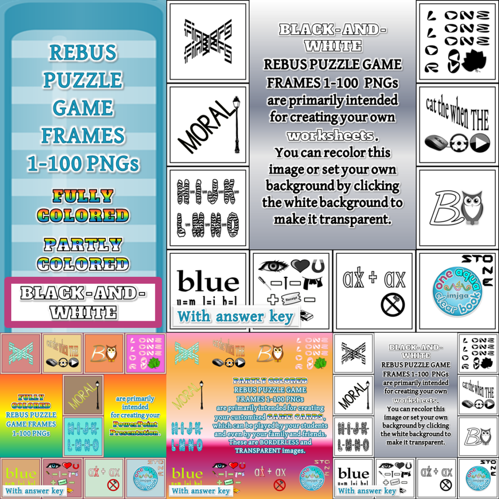 Black-and-White Rebus Puzzle Game Frames 101–125 PNGs - Made By Teachers